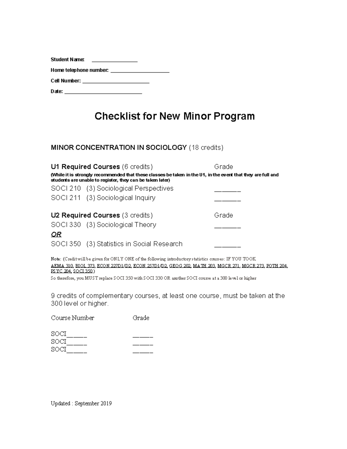 SOCI Minor Program Checklist (18 Credits) - Updated Sept 2019 - Studocu