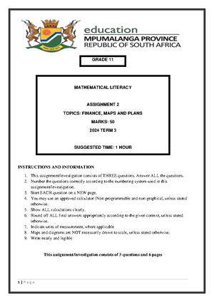 [Solved] MATHEMATICAL LITERACY GRADE 11 PROPOSED ASSIGNMENT TERM 3 2025 - Mathematical literacy ...