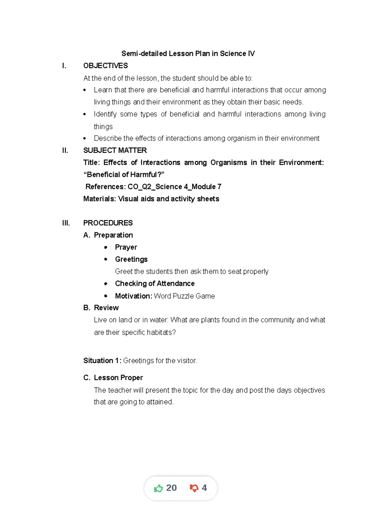 Semi-Detailed Lesson Plan: Interactions in Science IV - Studocu