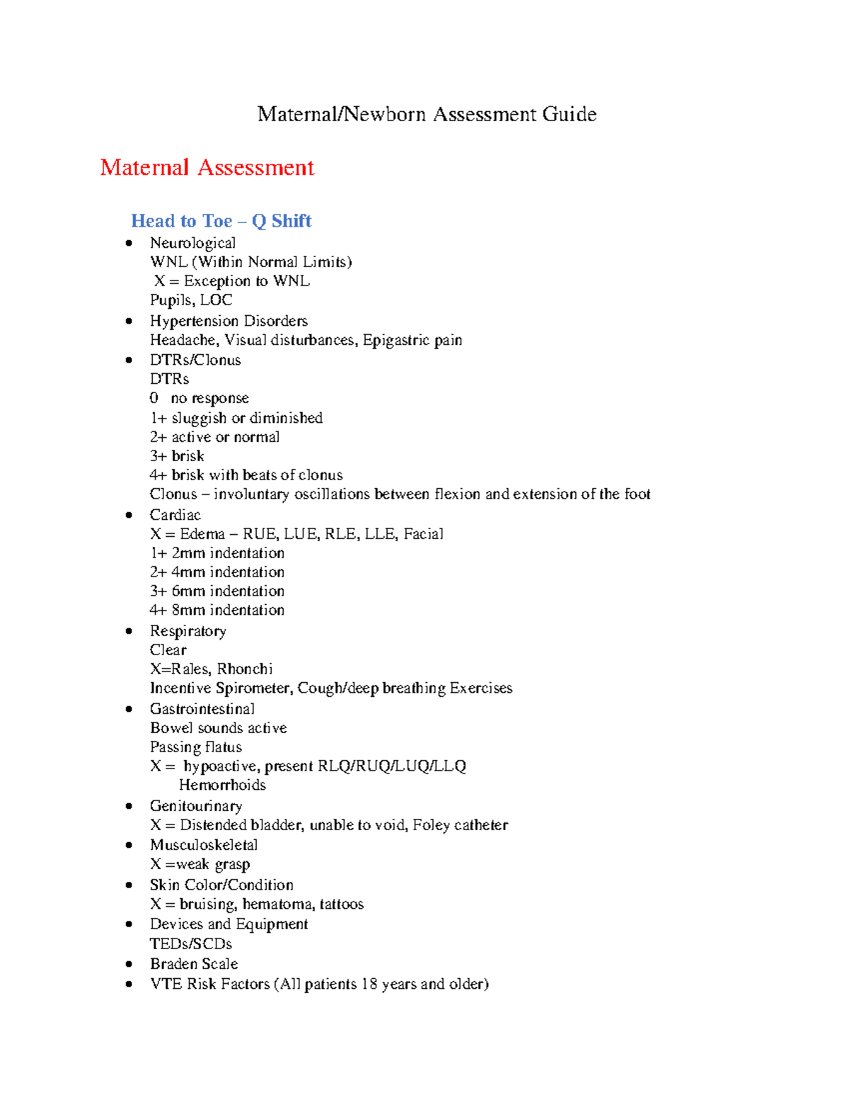 Maternal Newborn Assessment Guide: Neurological & Physical Exam Q Shift ...