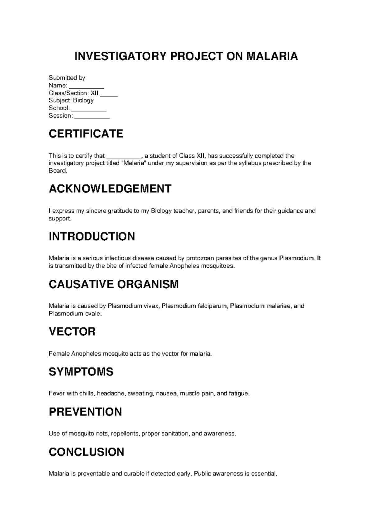Investigatory Project on Malaria - Class XII Biology - Studocu