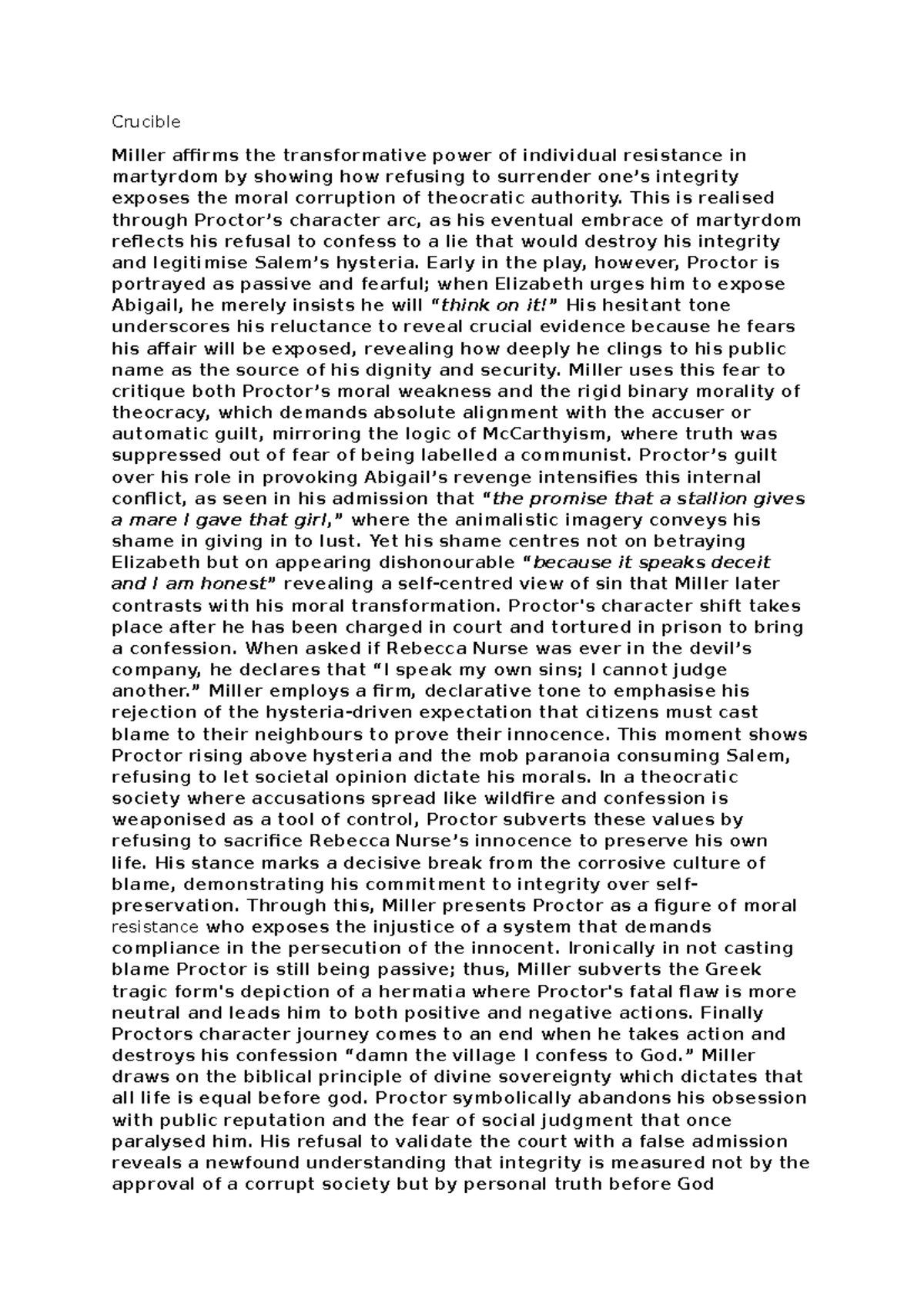 Crucible - Essay Practice on Individual Resistance and Integrity - Studocu