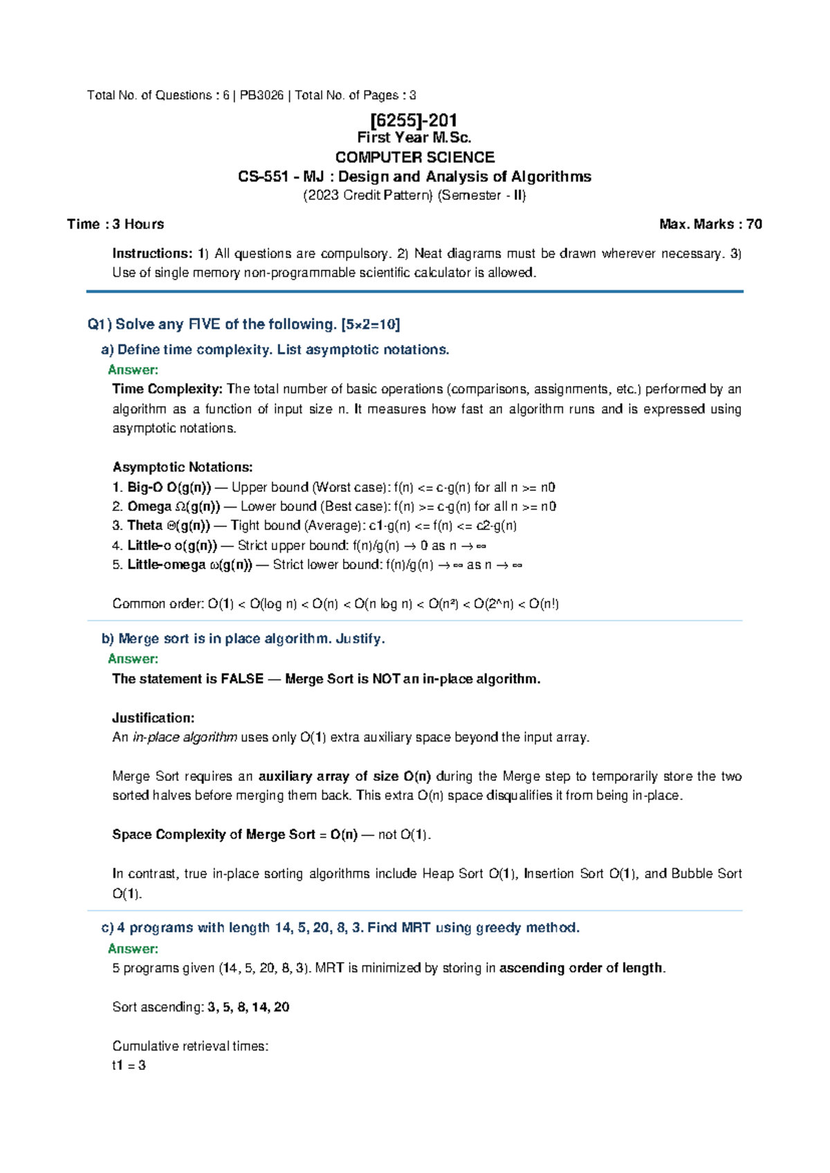 CS551 DAA Solved Paper: Design and Analysis of Algorithms (2024) - Studocu