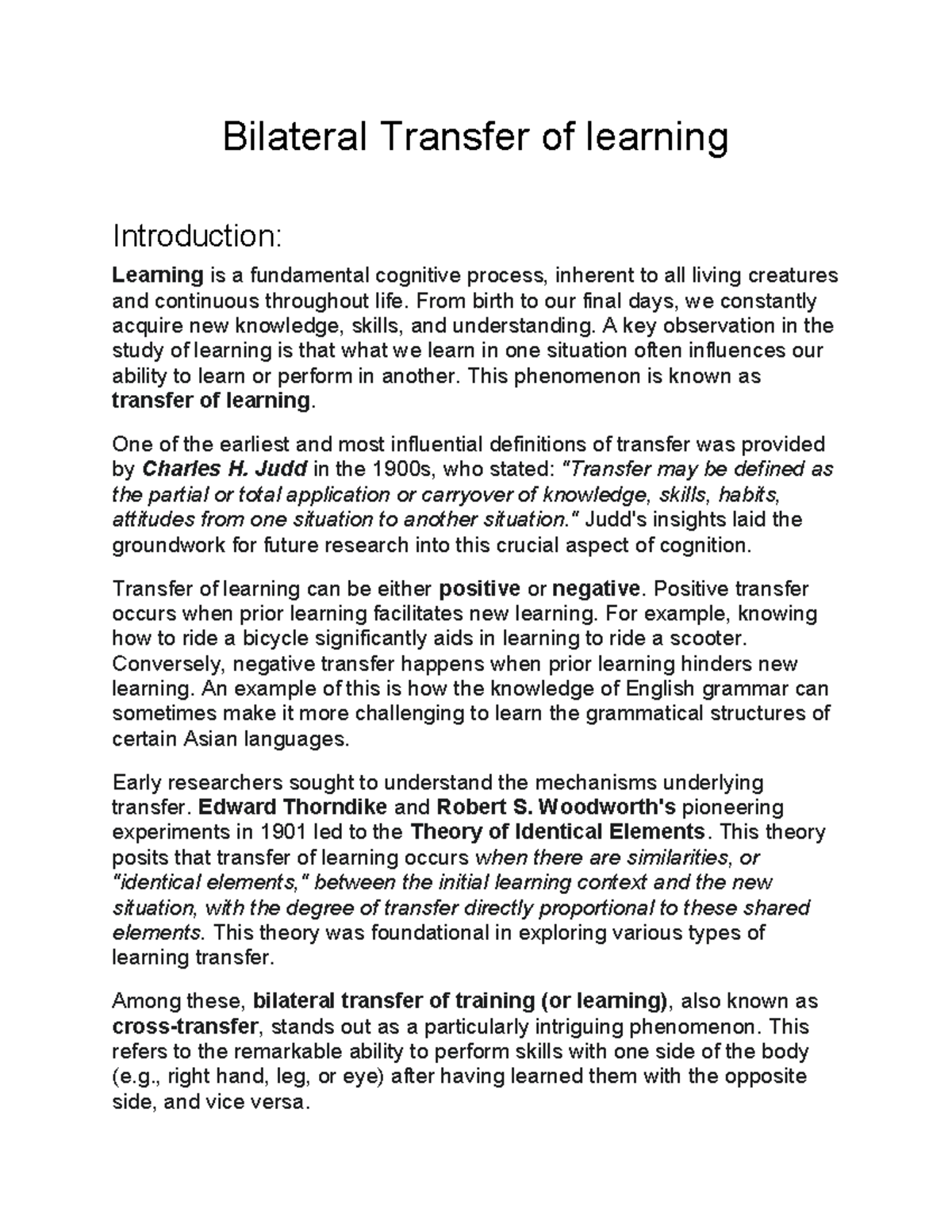 Bilateral Transfer of Learning: Insights from Mirror Drawing Experiment ...