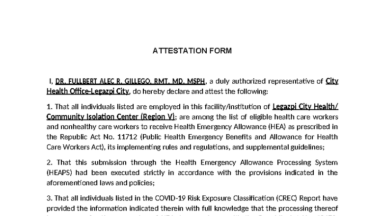 Attestation Form for Health Emergency Allowance - July 2023 - Studocu