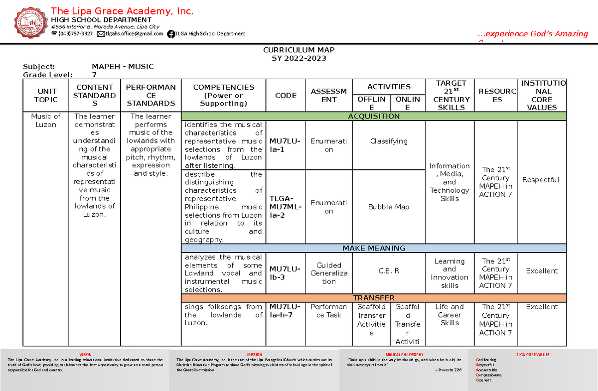 CMAP - MAPEH Music Curriculum Map for Grade 7 - SY 2022 - Studocu