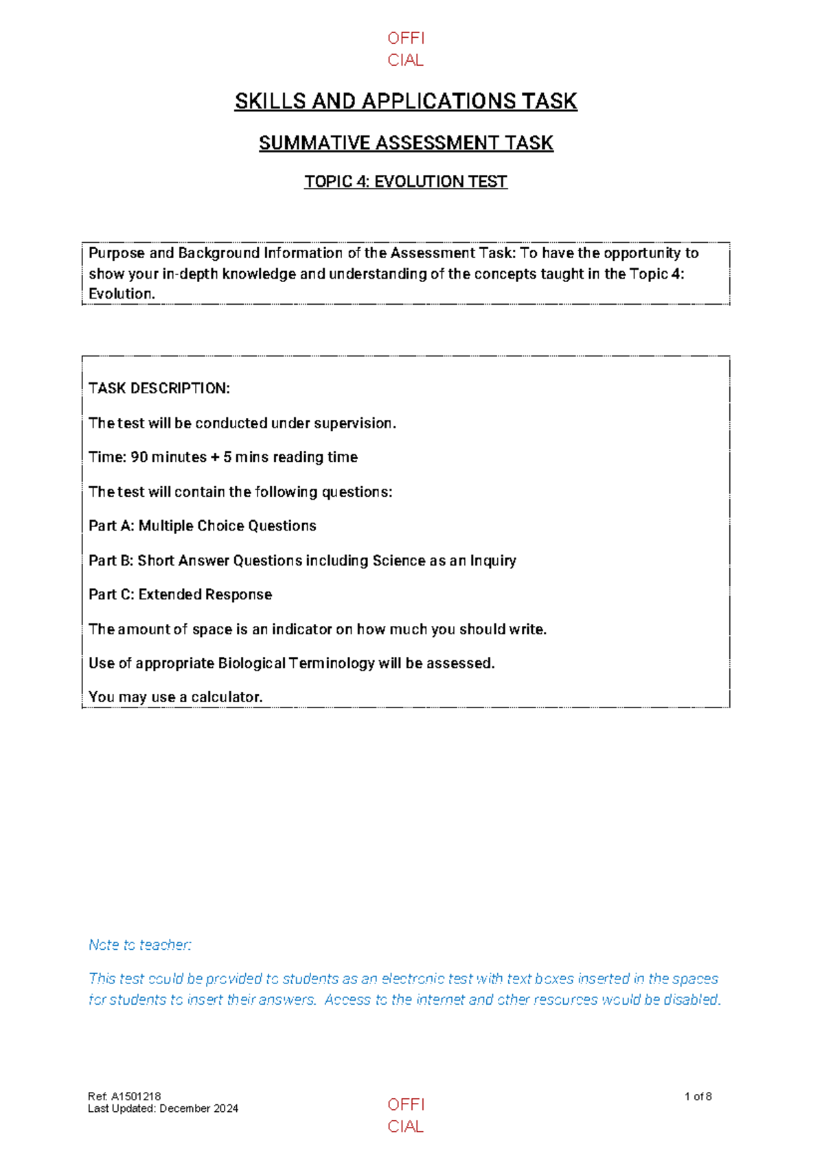SAT Task: Evolution Summative Assessment (A1501218) - Studocu