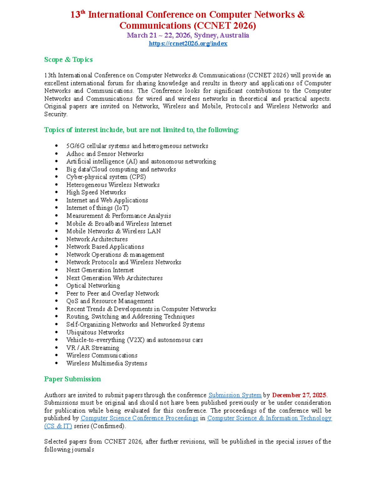 CCNET 2026: 13th Int'l Conf. on Computer Networks & Comm. - Studocu