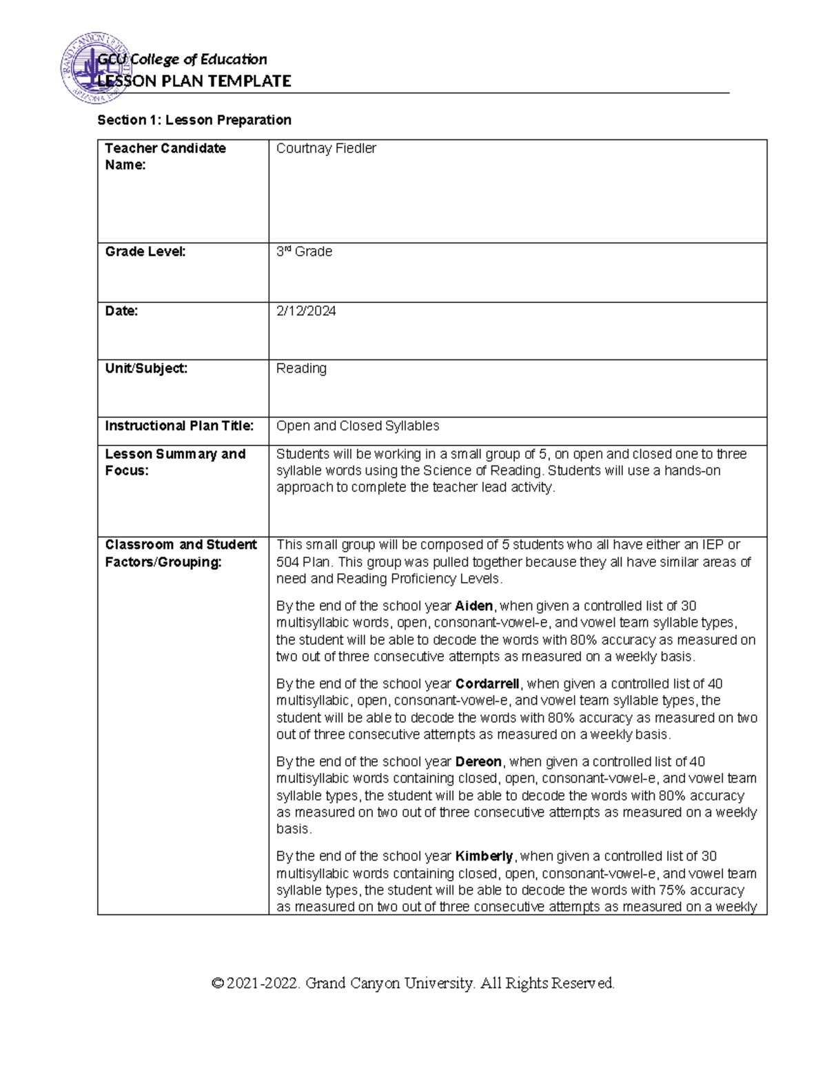 Benchmark SPD 578: Lesson Plan for 3rd Grade on Syllables - Studocu