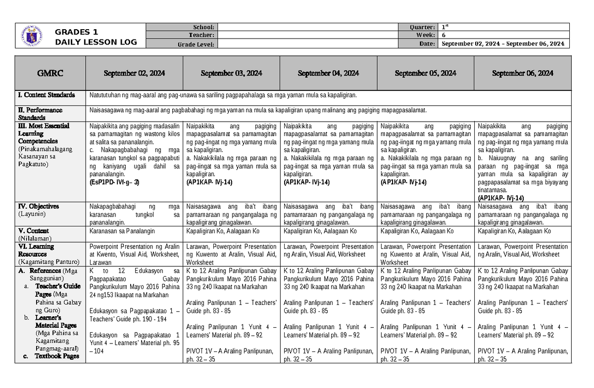 Week 6 GMRC Daily Lesson Log: Values in Environmental Care - Studocu
