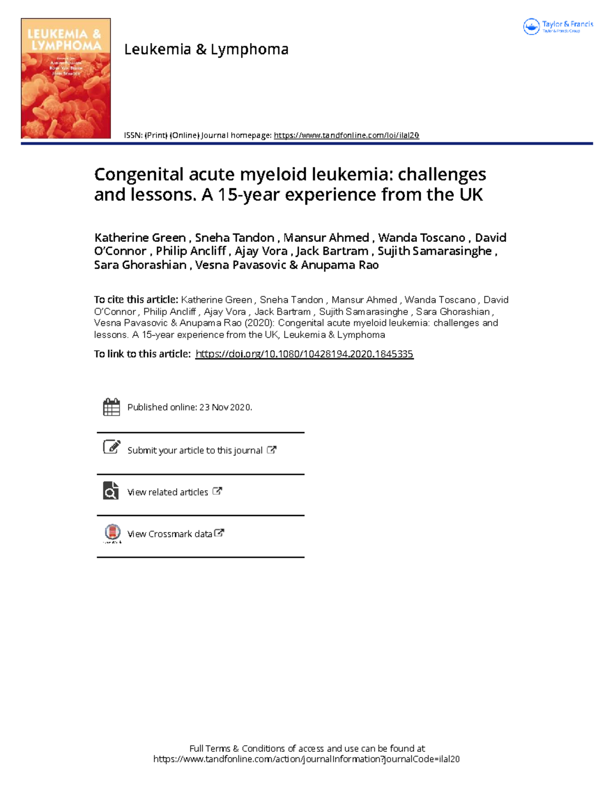 Congenital Acute Myeloid Leukemia: Challenges & Lessons from the UK ...