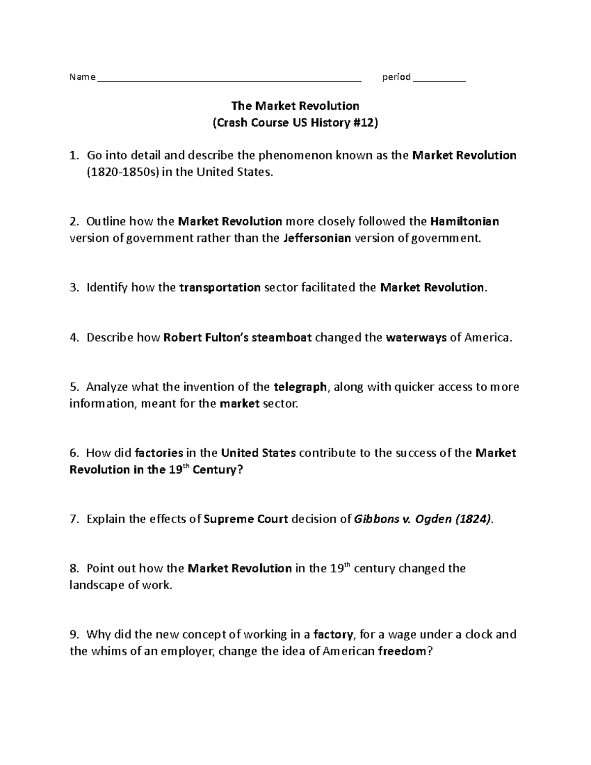 Crash Course US History #12: The Market Revolution Explained - Studocu