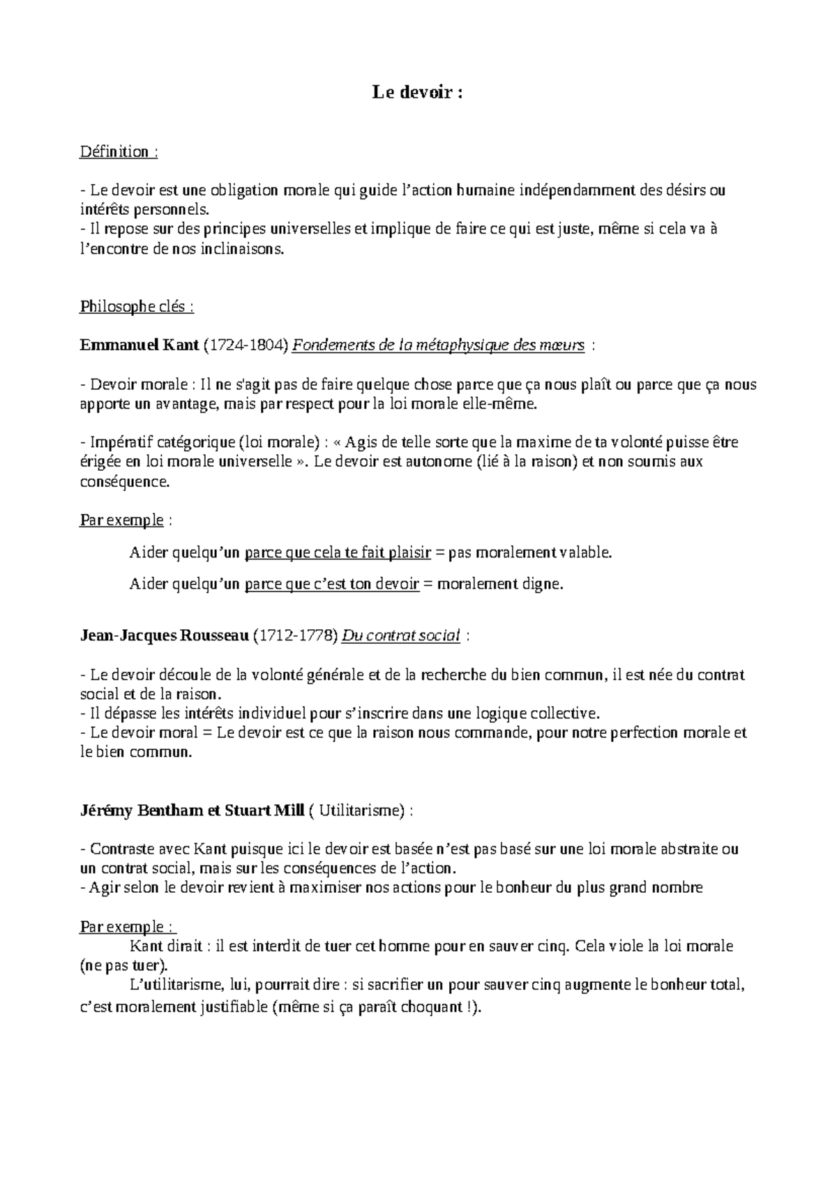 Fiche de Philosophie : Le Devoir Moral et ses Philosophes (Kant ...