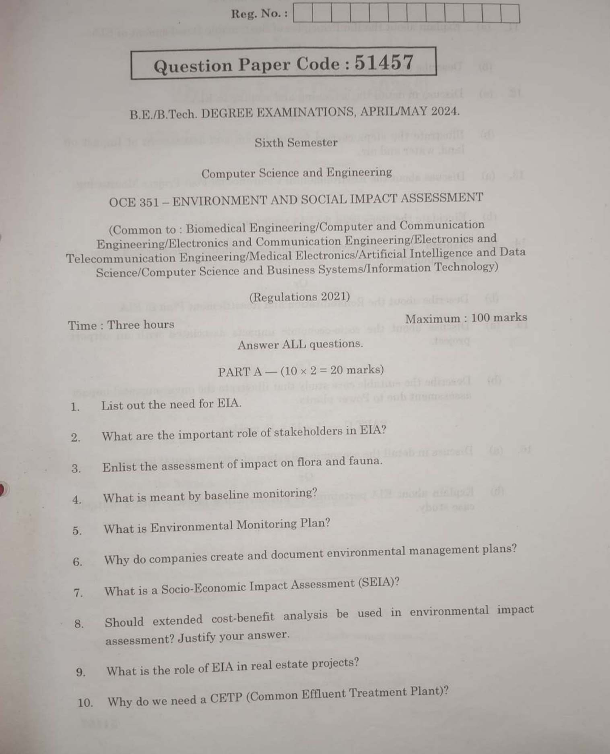OCE 351 Degree Exam: Environment & Social Impact Assessment QP 2024 ...