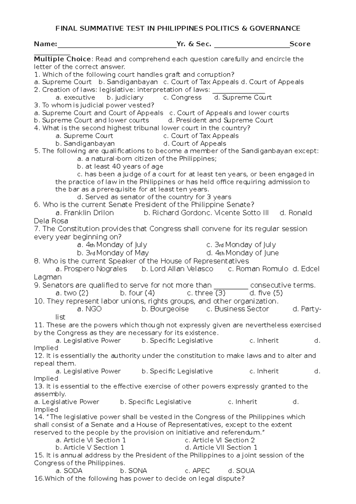Final Summative Test on PPG: Philippines Politics & Governance - Studocu