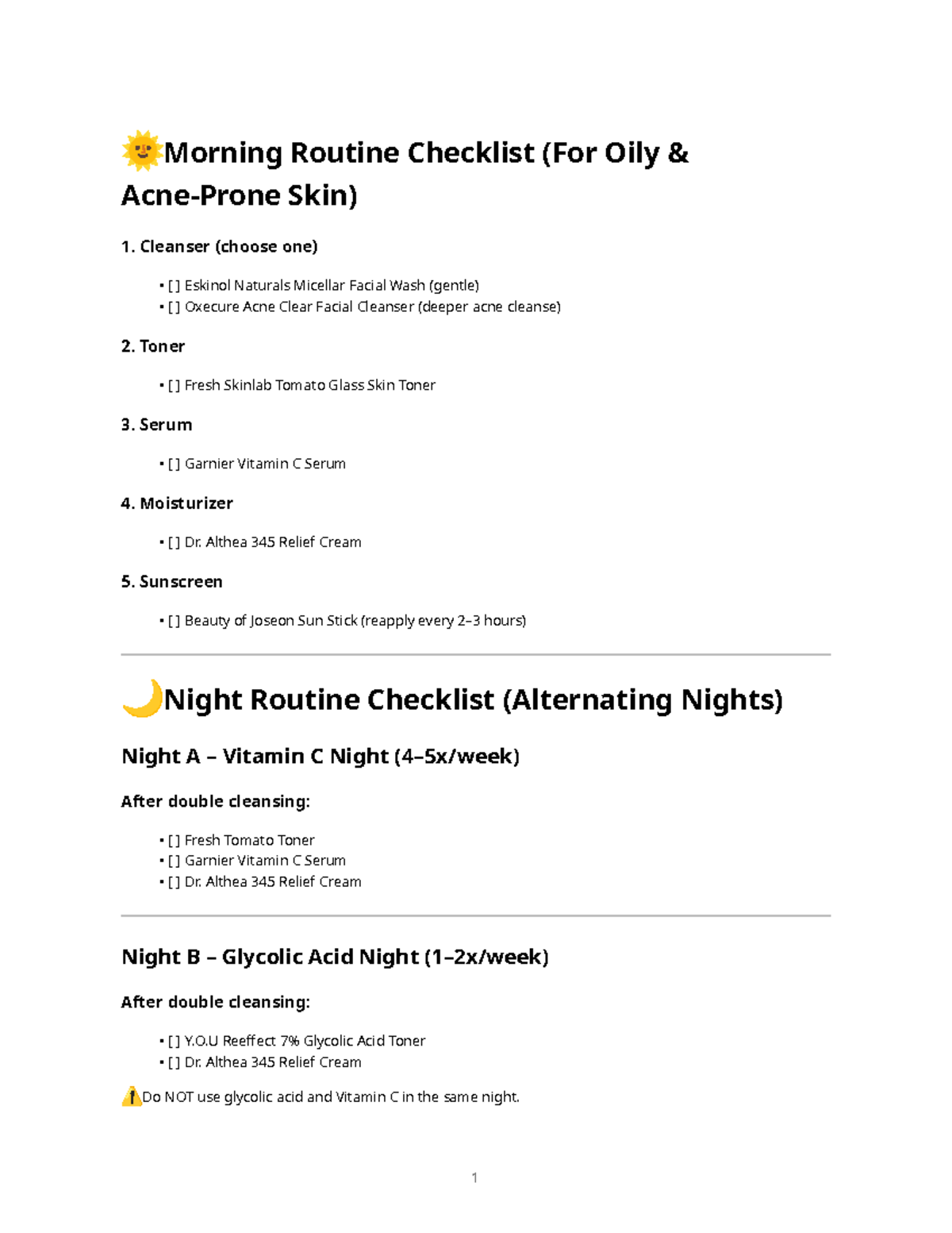 Acne Oily Skin Routine Checklist: Morning & Night Care Guide - Studocu