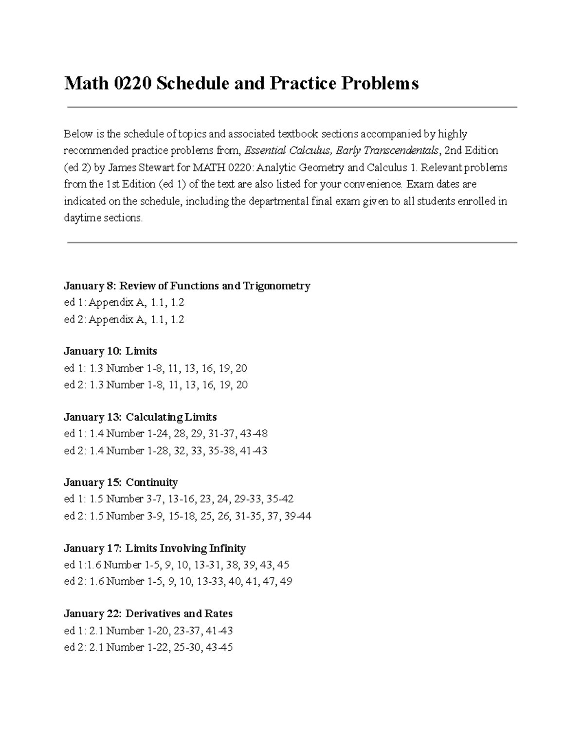 MATH 0220 Spring 2025: Schedule & Recommended Practice Problems - Studocu