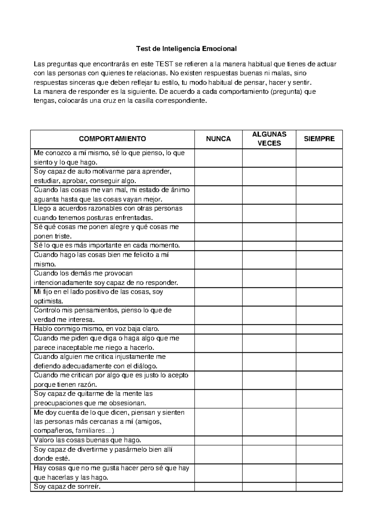 Test de Inteligencia Emocional: Evaluación de Comportamientos y ...