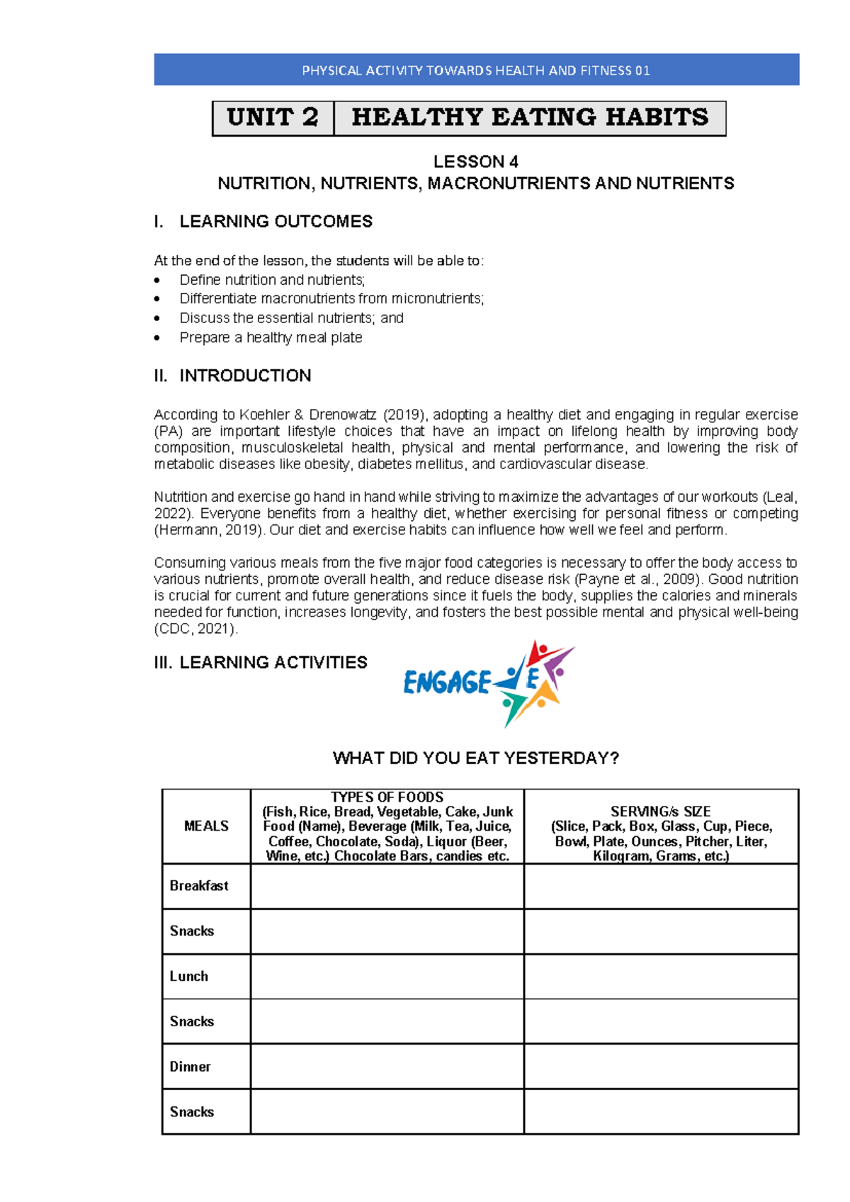 UNIT 2 Lesson 4 - Nutrition: Macronutrients & Healthy Eating PE1 - Studocu