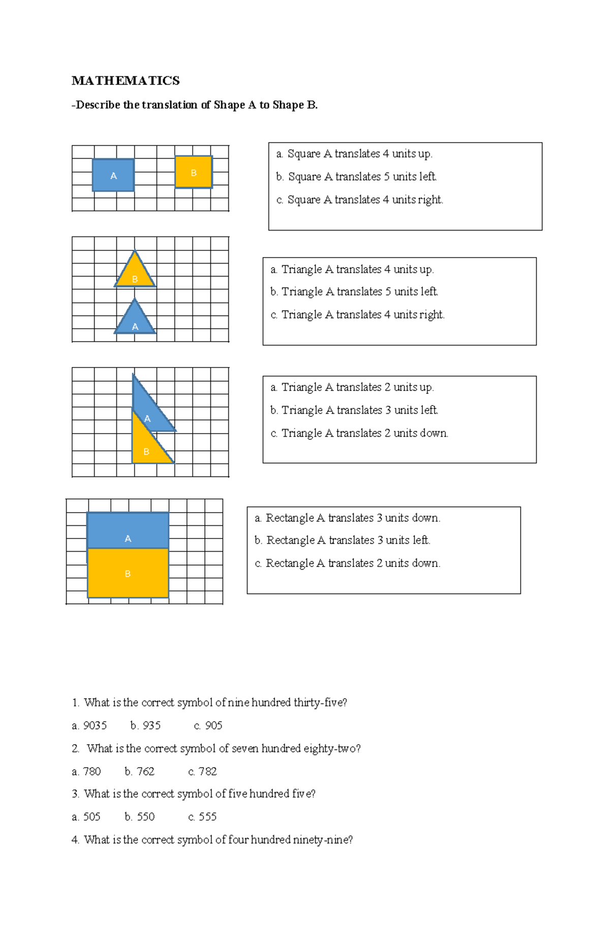 MATHEMATICS Quiz: Translation of Shapes and Number Concepts - Studocu