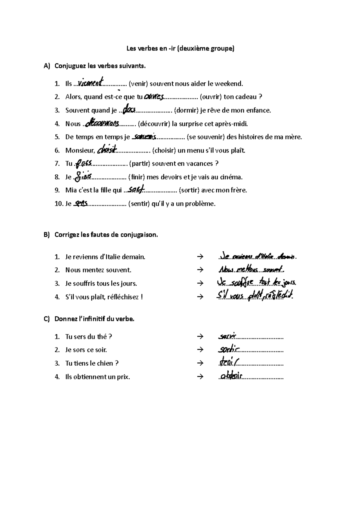 Exercices sur les verbes en -ir (2ème groupe) - Conjugaison et ...
