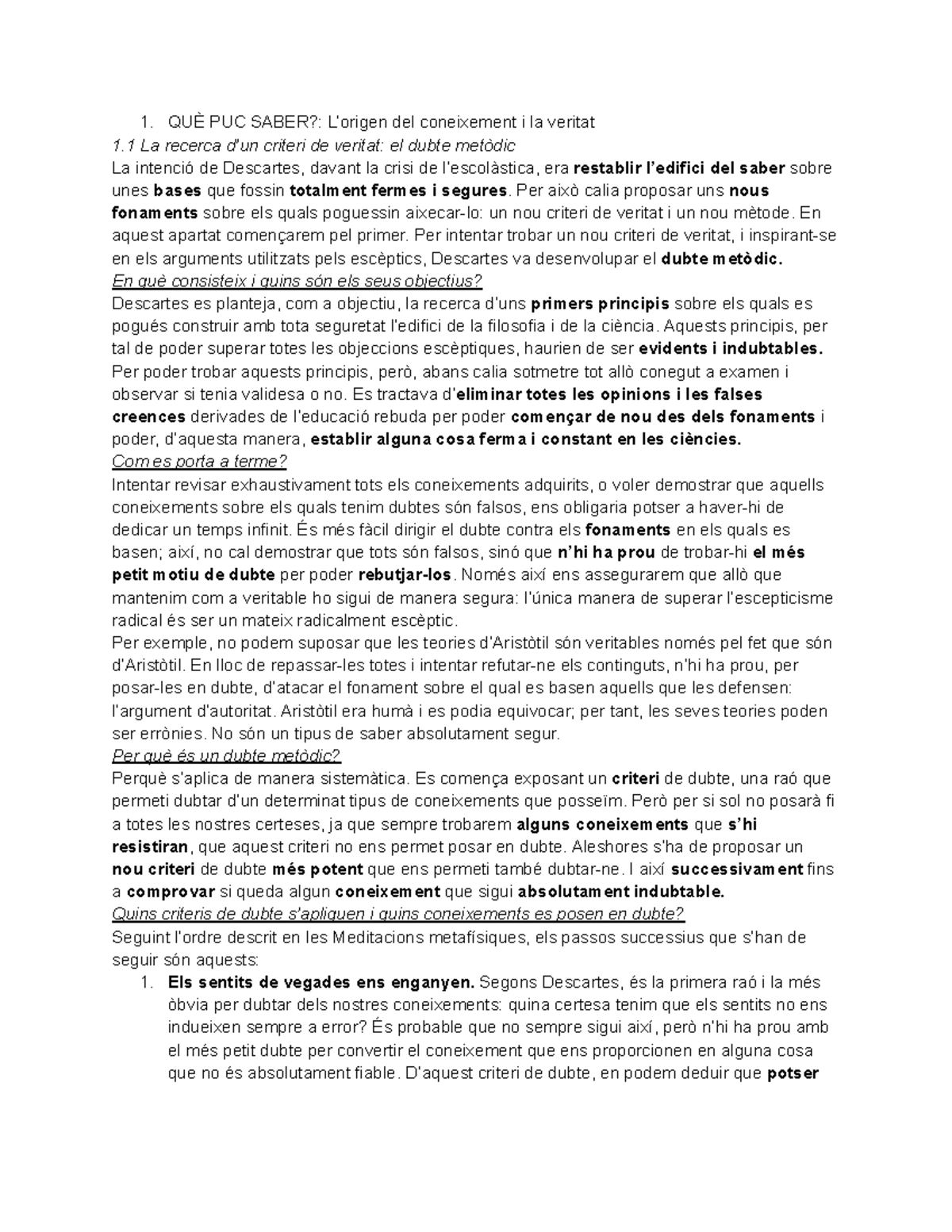 Filosofia de Descartes: El Dubte Metòdic com a Procés de Veritat - Studocu
