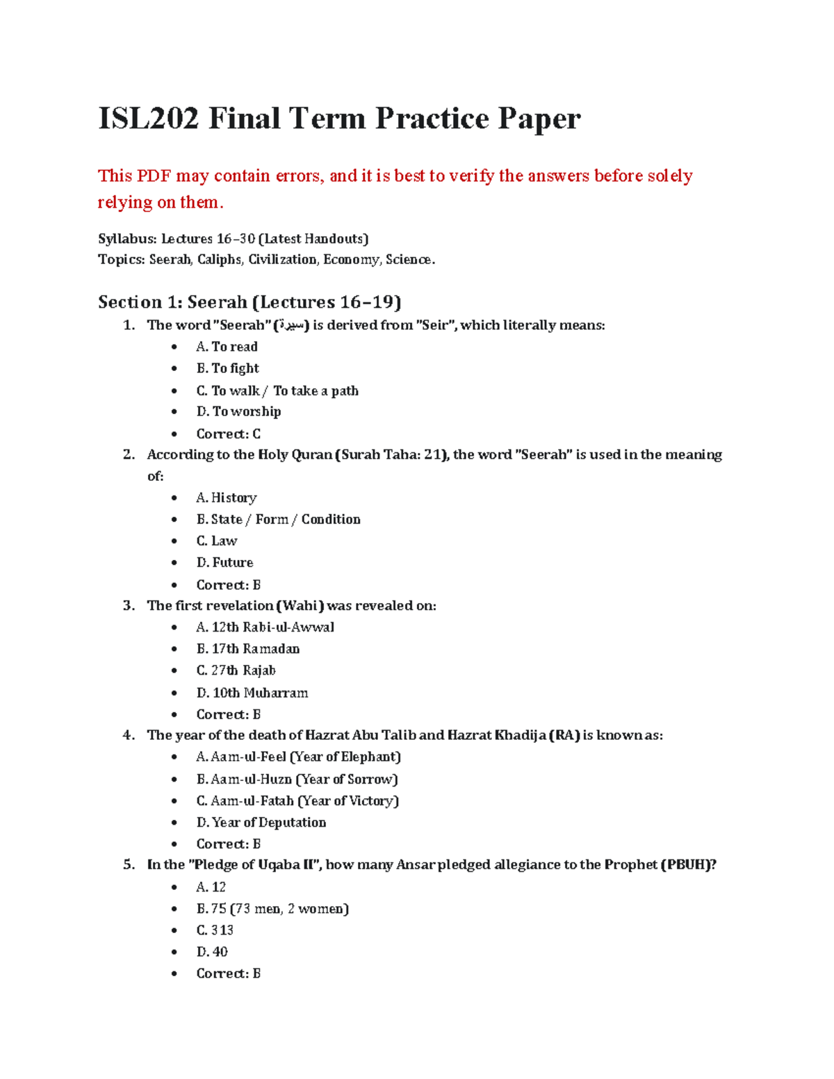 ISL202 Final Term Practice Paper: Key Concepts & Questions - Studocu