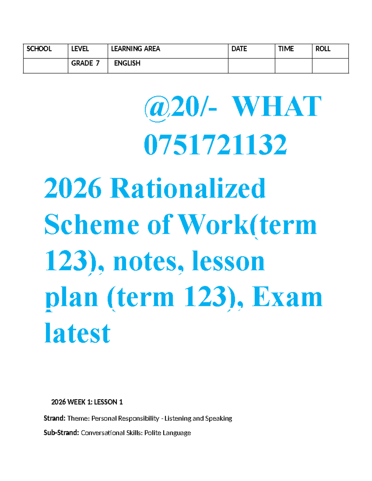 2026 Gr 7 English Lesson Plans: Week 1 & 2 Overview - Studocu