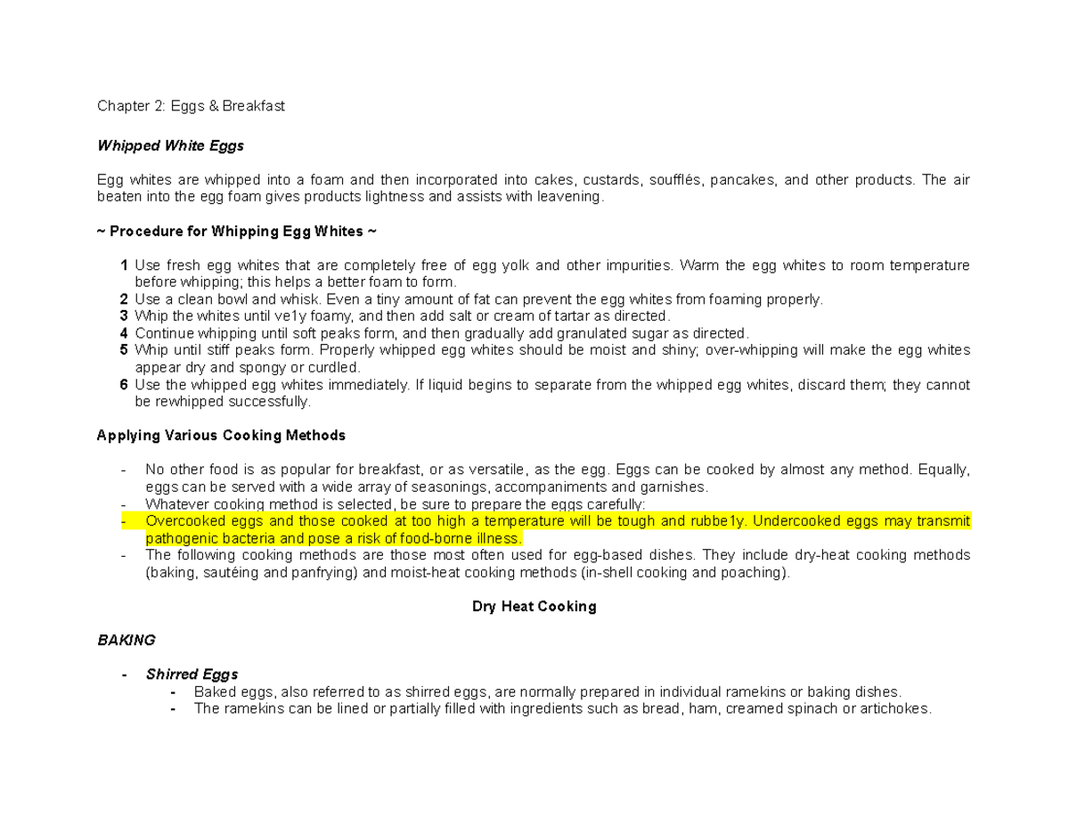 CULA 221 Chapter 2 Notes on Eggs & Breakfast Preparation Techniques ...