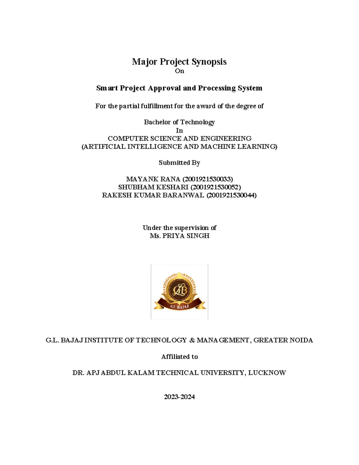 Smart Project Approval and Processing System Synopsis - B.Tech CSE AI/ML - Studocu