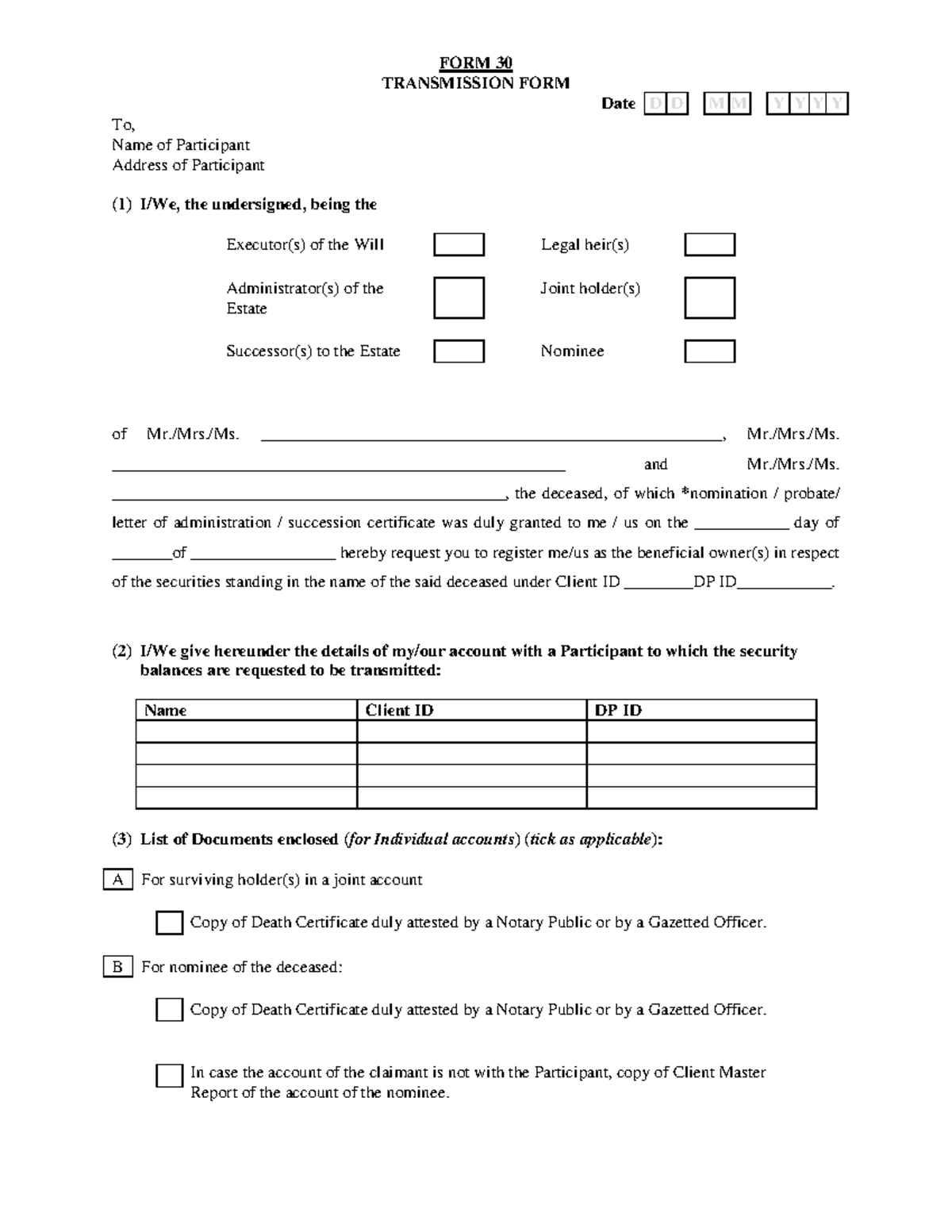 FORM 30 - Transmission form for single account without nominee below ...