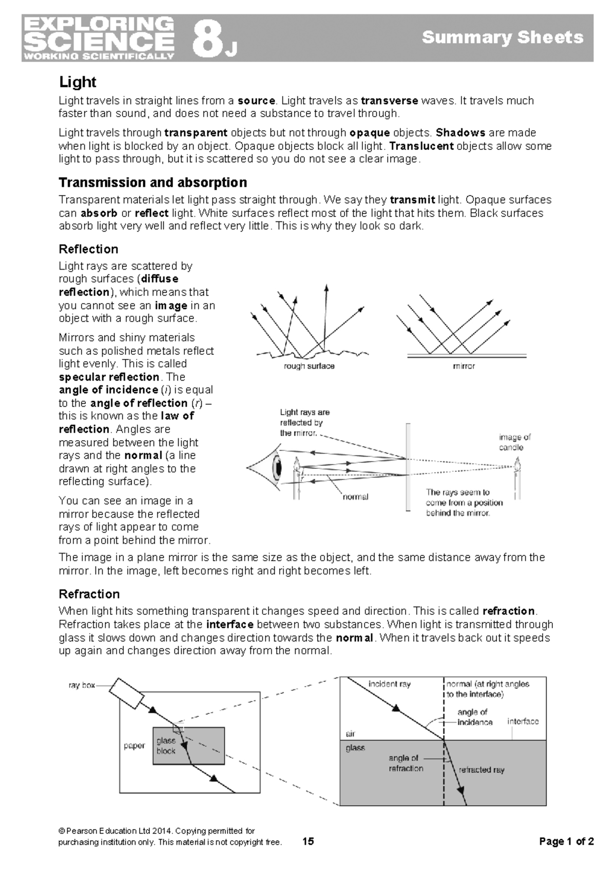 8J Summary Sheets: Properties and Behavior of Light - Studocu