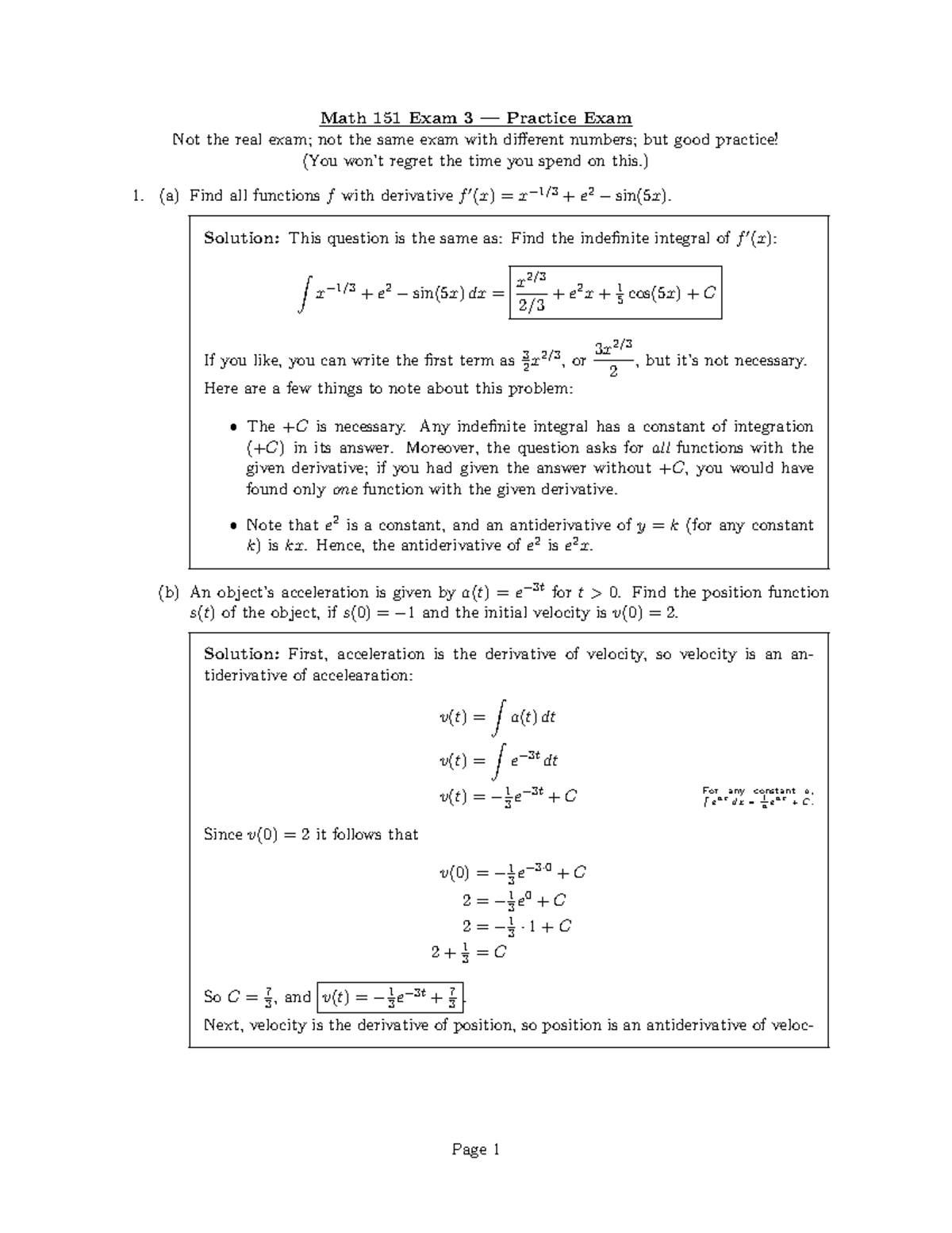 Math 151 Exam 3 Practice Exam Solutions and Study Guide - Studocu