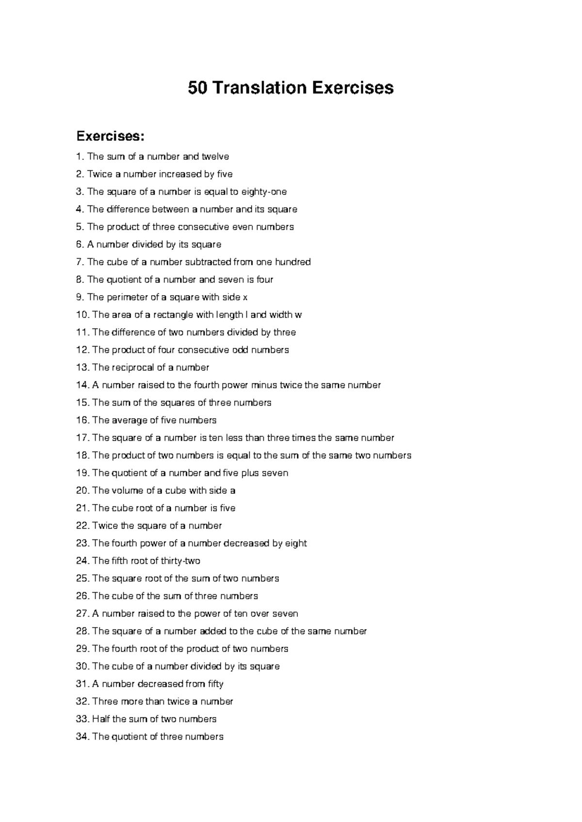 Math Translation Exercises: 50 Practice Problems and Solutions - Studocu