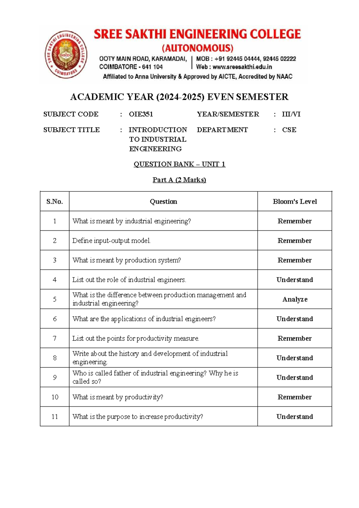 OIE351 Question Bank: Introduction to Industrial Engineering - Studocu