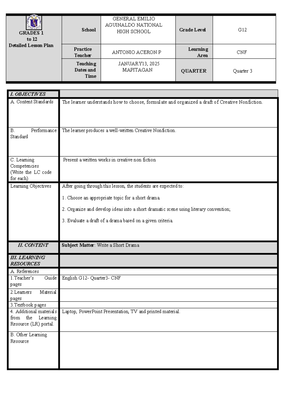 G12 CNF Lesson Plan: Writing a Short Drama (Quarter 3) - Studocu