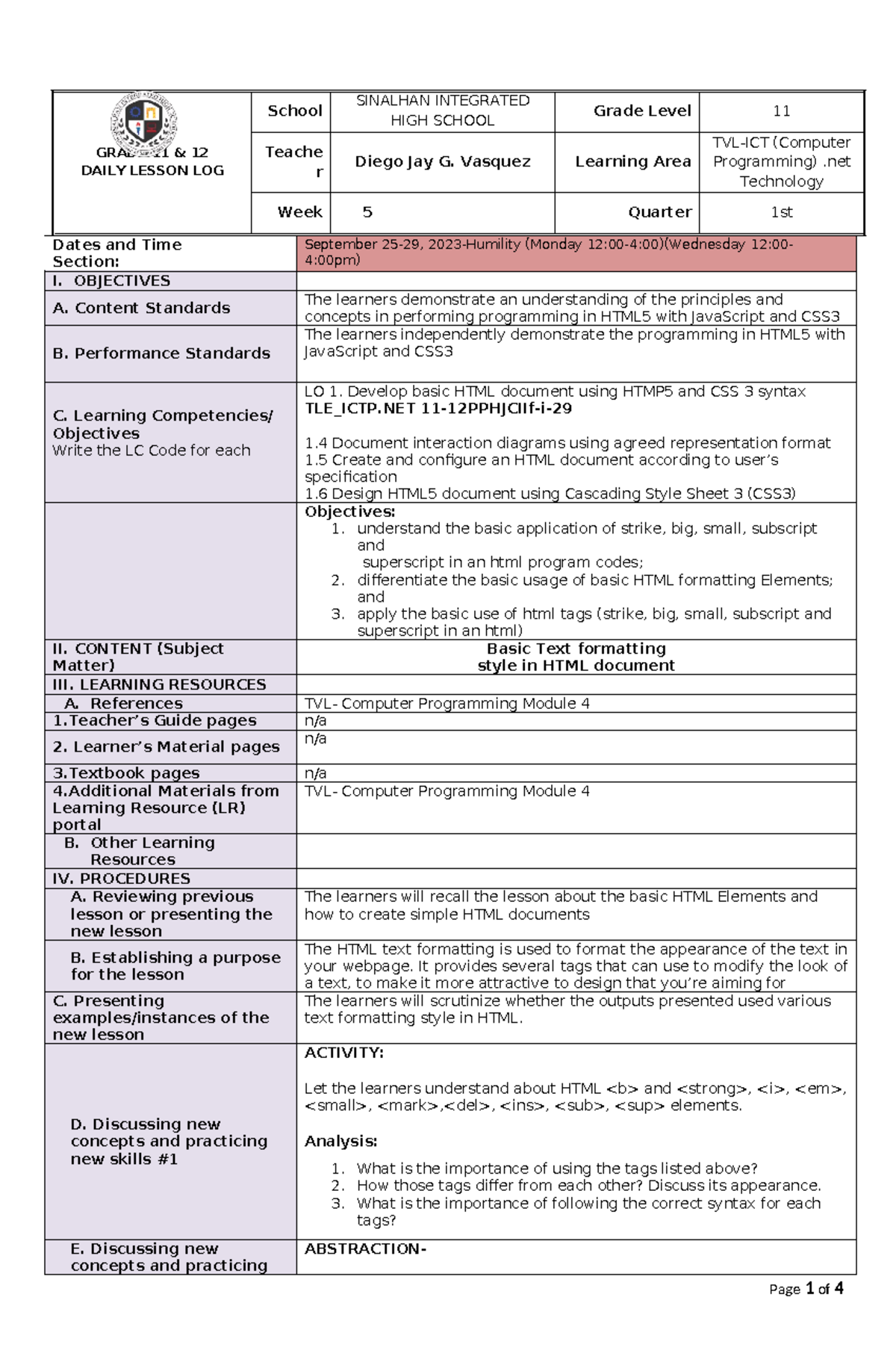 TLE_ICT 11-12 Daily Lesson Log: HTML5 & CSS Programming Basics - Studocu