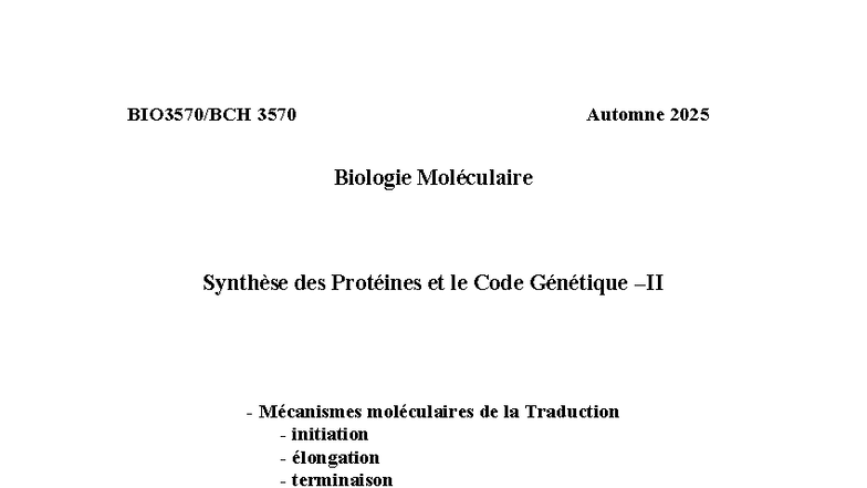 3570 Automne 2025 - Notes de Cours sur la Synthèse des Protéines - Studocu