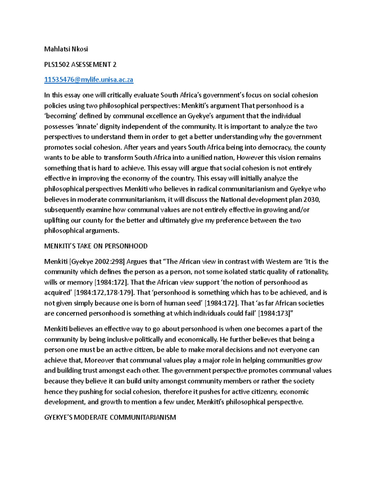 PLS1502 Essay: Evaluating South Africa's Social Cohesion Policies - Studocu