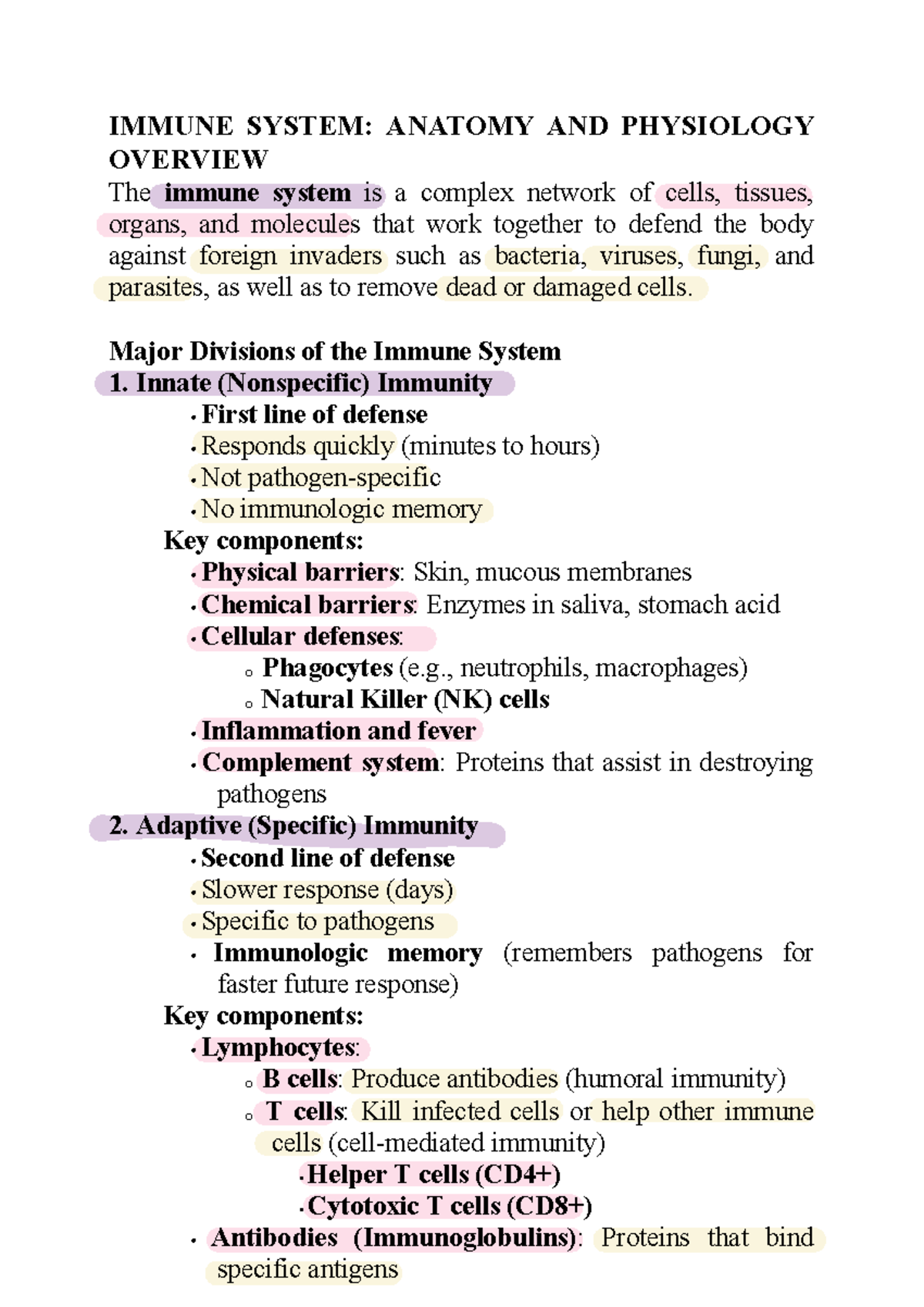 IMMUNE SYSTEM: ANATOMY & PHYSIOLOGY REVIEW - Studocu