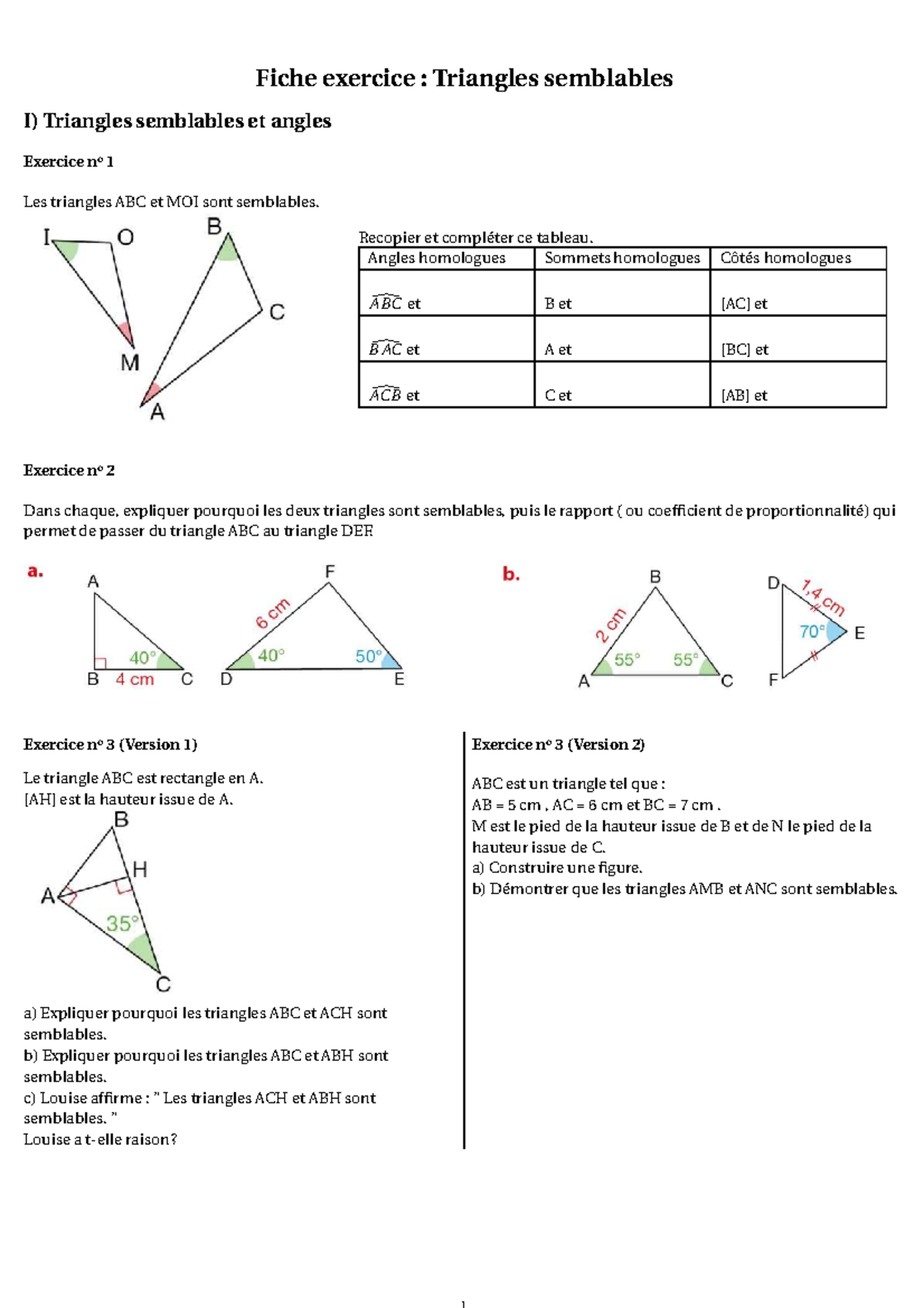 Fiche d'exercices : Triangles Semblables - Cours de Mathématiques - Studocu