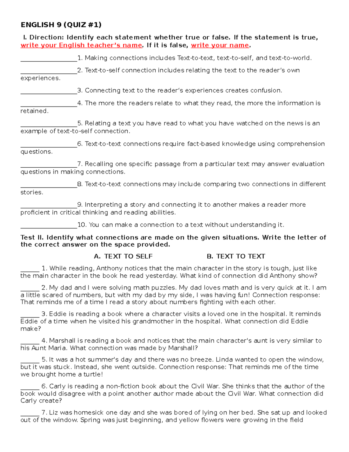 QUIZ #1 Q2 - grade 9 lesson - ENGLISH 9 (QUIZ #1) I. Direction ...