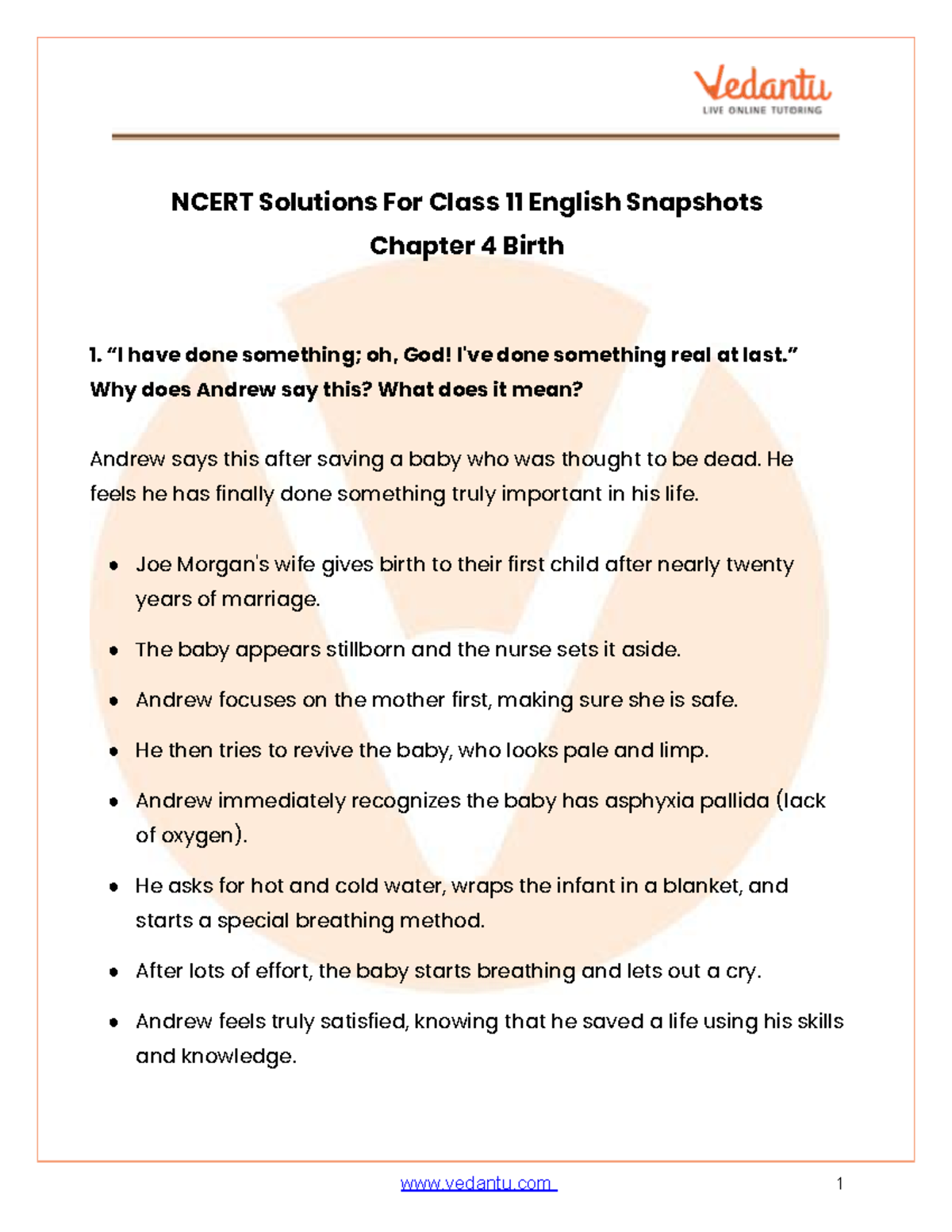 NCERT Solutions for Class 11 English Snapshots: Chapter 4 - Birth - Studocu
