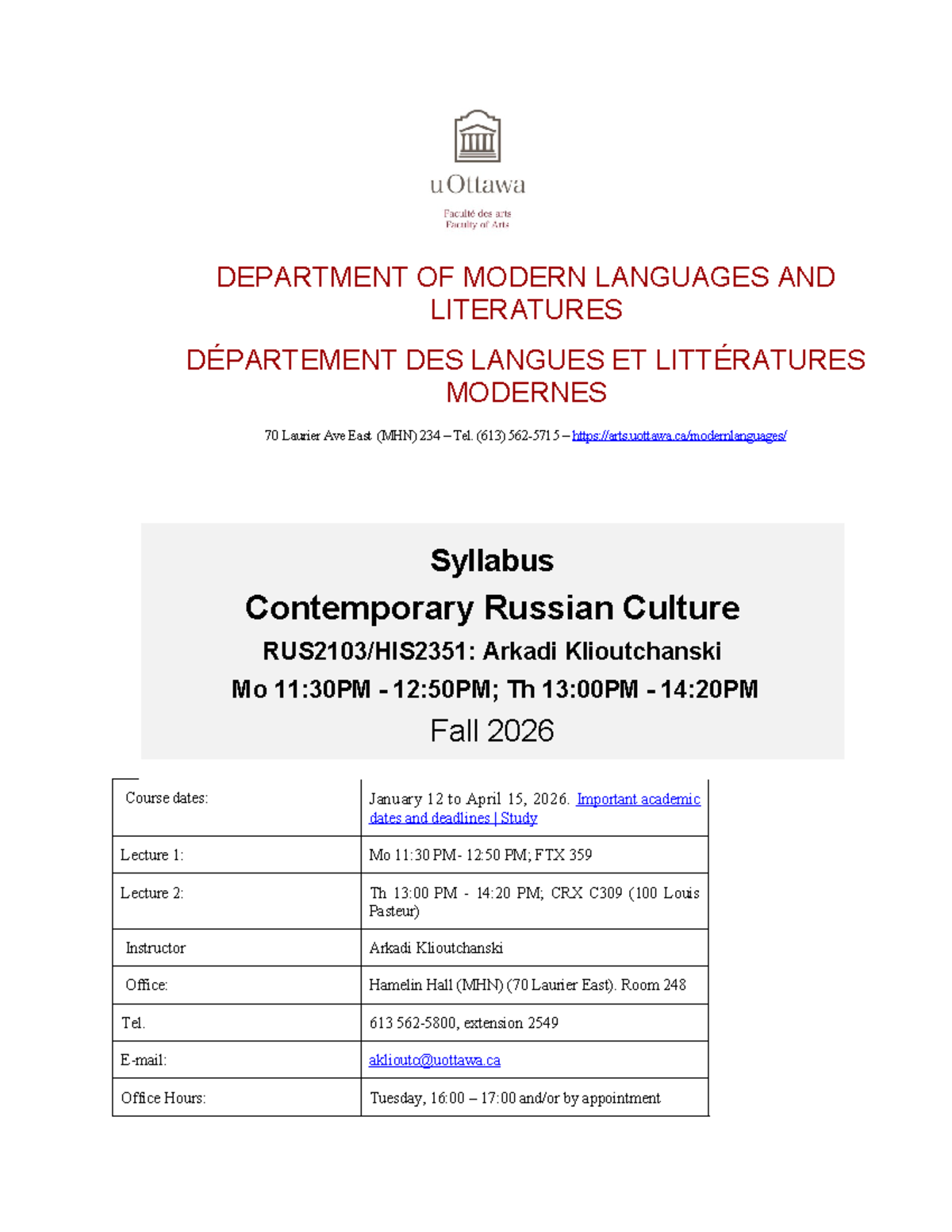 Syllabus for RUS2103 & HIS2351: Contemporary Russian Culture (Fall 2026 ...