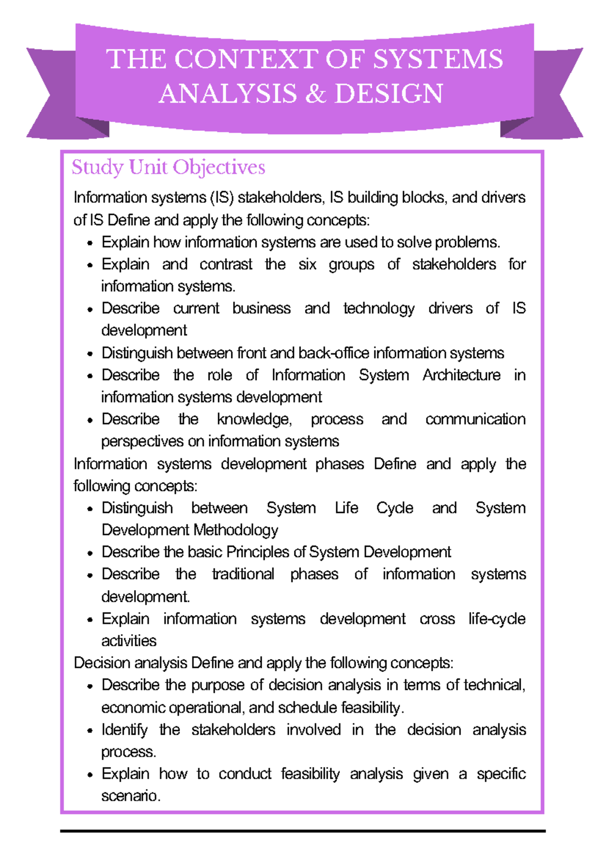 SUT 4 - Lecture Notes on Systems Analysis & Design Concepts - Studocu