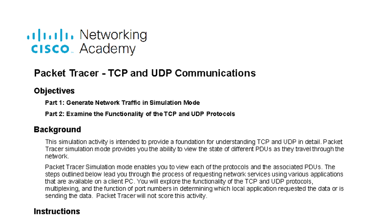 Packet Tracer 14.8.1: Exploring TCP & UDP Protocols in Sim Mode - Studocu