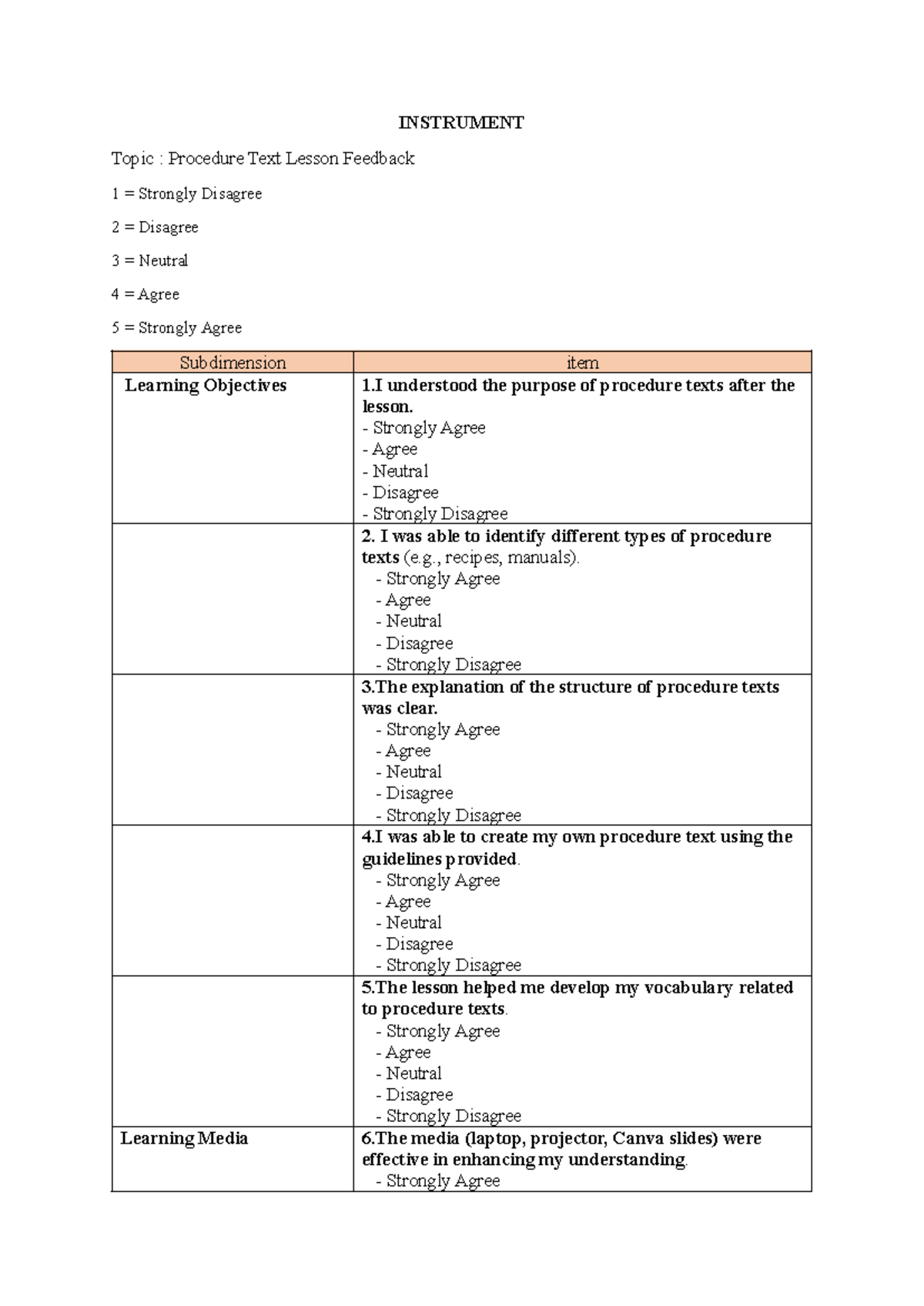 INSTRUMENT: Procedure Text Lesson Feedback & Evaluation - Studocu