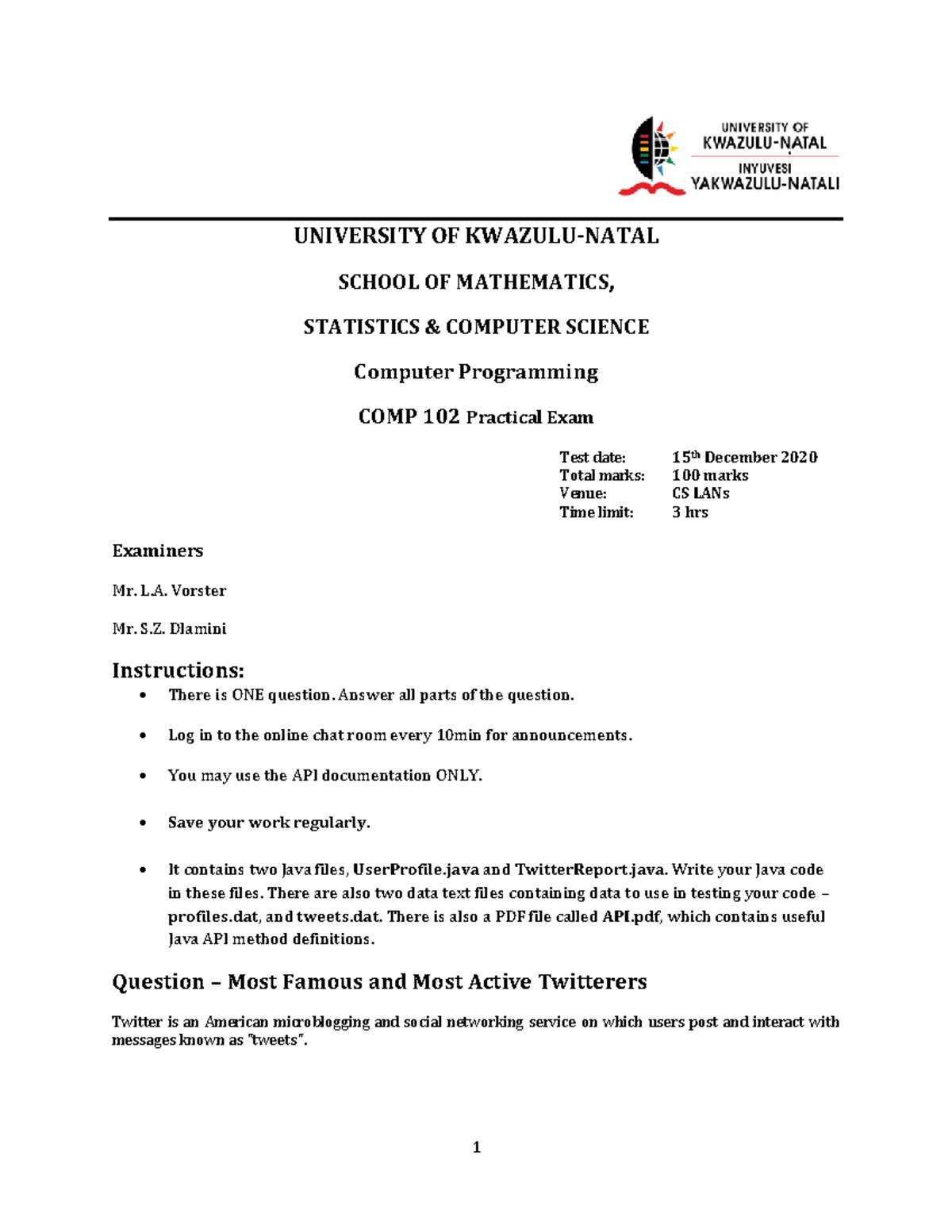 COMP102 Practical Exam Test 2020: Twitter Analysis Tool Instructions ...