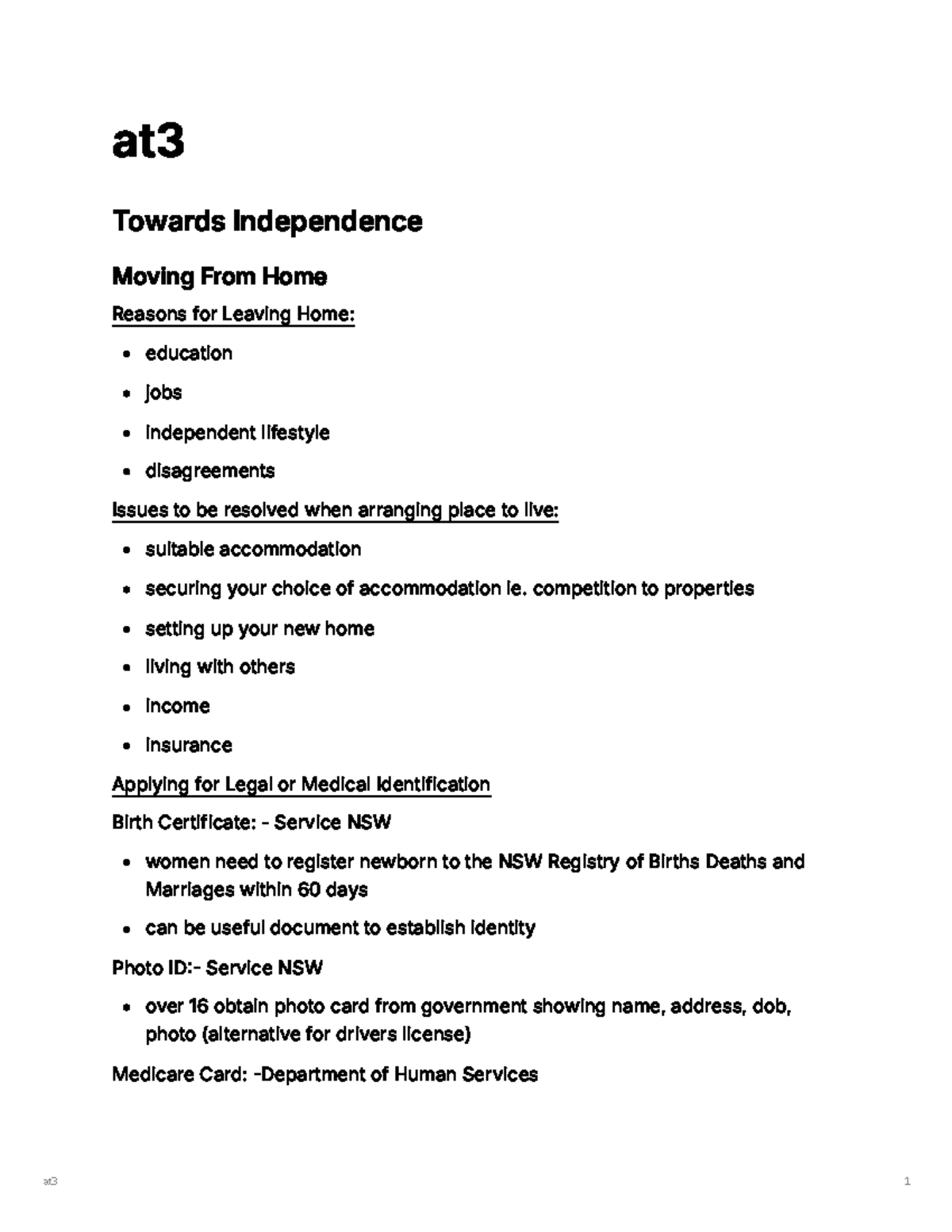 AT3 Commerce Assessment Notes: Independence, Accommodation & Finances ...