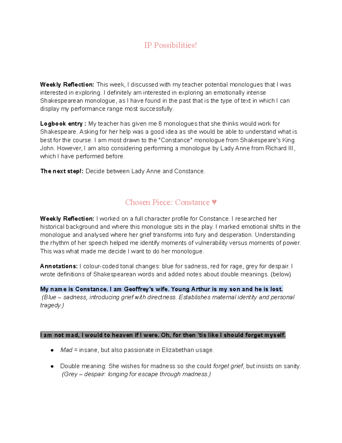 IP 2025: Monologue Exploration Logbook for Constance from King John ...